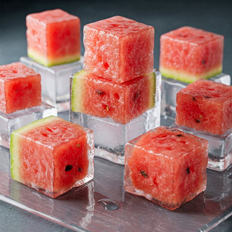 Watermelon Cubes Encased in Clear Ice Blocks Stock Illustration ...