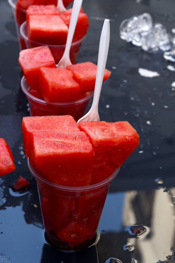 Watermelon in a Cup with a Plastic Fork Stock Photo - Image of ...