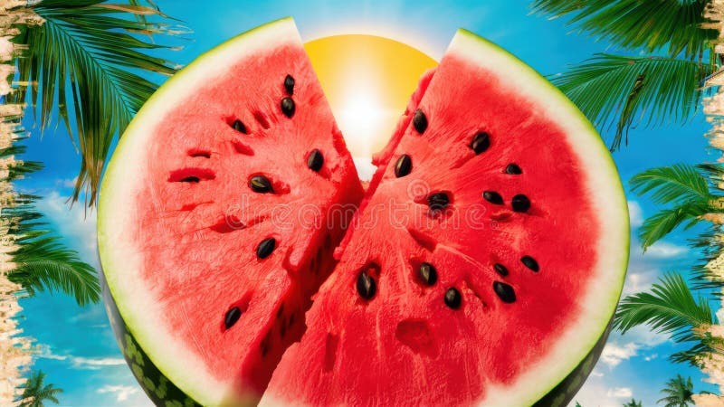 A Watermelon Cut in Half with a Sun and Palm Trees Behind it, AI Stock ...