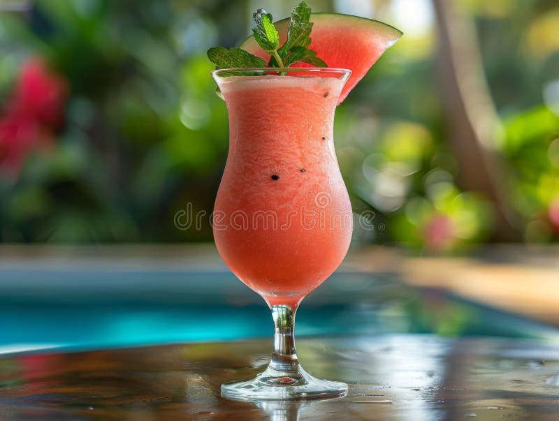 A Watermelon Daiquiri Standing on a Table by the Pool. Stock Photo ...