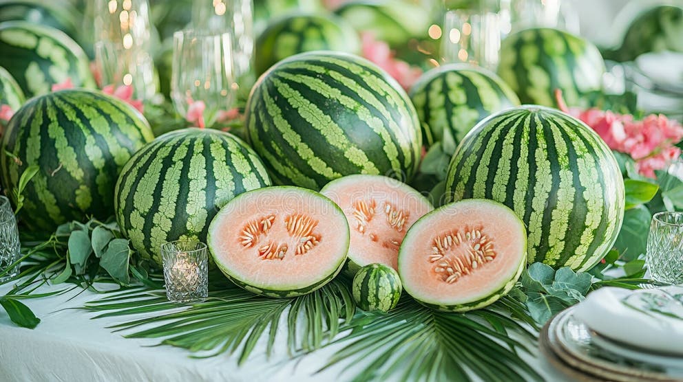 Watermelon Display on Table with Tropical Decor Stock Photo - Image of ...
