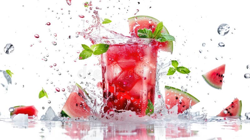Watermelon Drink Fruit Ice Splash Blurred White Background Beautiful ...