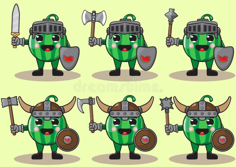 Cartoon Watermelon Emotion Set 4 Knight Sword and Shield Stock Vector ...