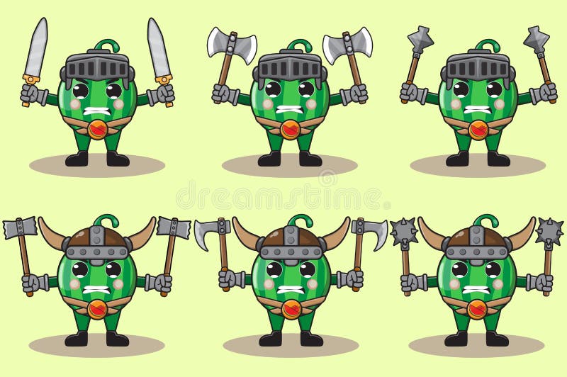 Cartoon Watermelon Emotion Set 6 Knight Dual Weapon Stock Vector ...