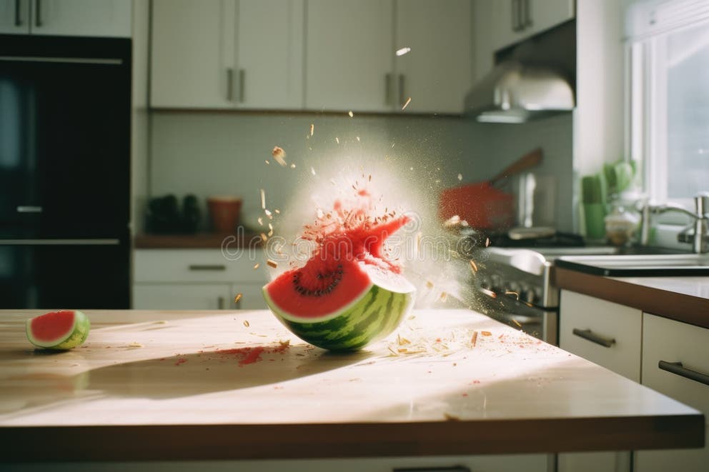 Watermelon Exploding on Countertop in Kitchen Created Using Generative ...