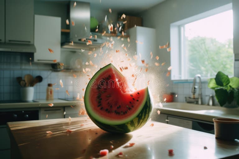 Watermelon Exploding on Countertop in Kitchen Created Using Generative ...