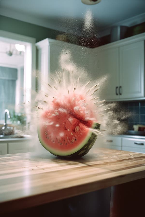 Watermelon Exploding on Countertop in Kitchen Created Using Generative ...