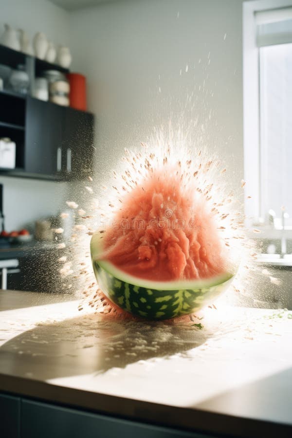 Watermelon Exploding on Countertop in Kitchen Created Using Generative ...