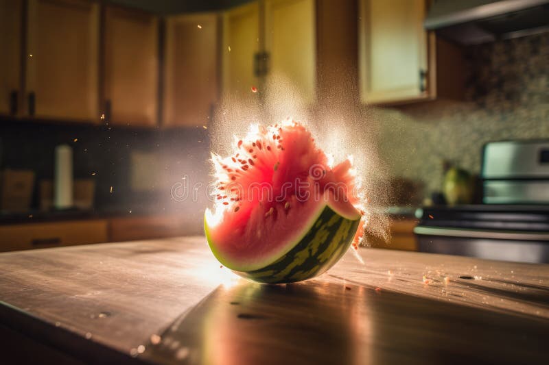 Watermelon Exploding on Countertop in Kitchen Created Using Generative ...