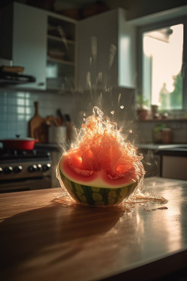 Watermelon Exploding on Countertop in Kitchen Created Using Generative ...
