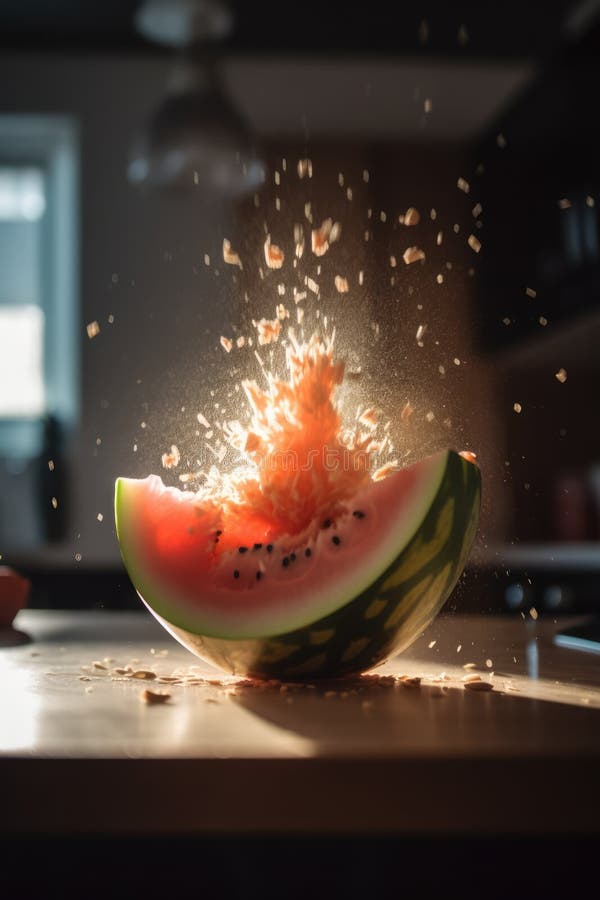 Watermelon Exploding on Countertop in Kitchen Created Using Generative ...