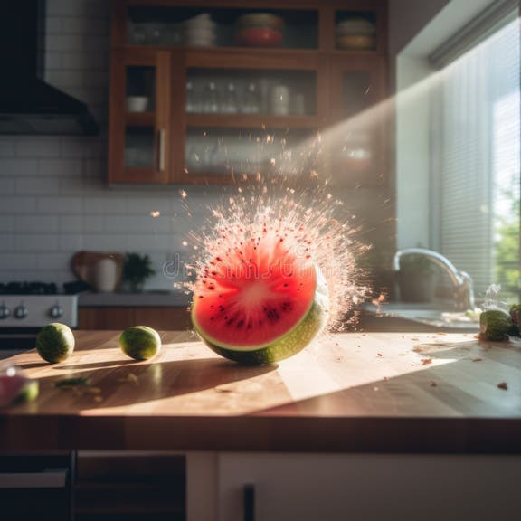 Watermelon Exploding on Countertop in Kitchen Created Using Generative ...