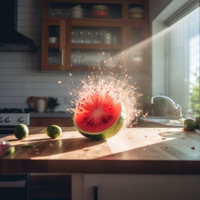 Watermelon Exploding on Countertop in Kitchen Created Using Generative ...