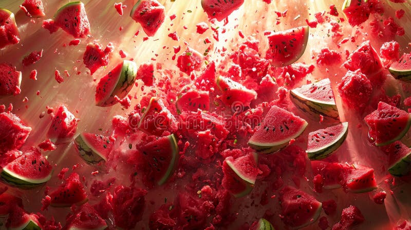 Watermelon Exploding in Mid Air with Red Green Pieces Flying Everywhere ...