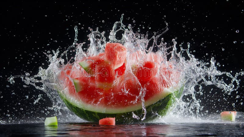 Watermelon Exploding at the Moment of Impact, Set Against a Stark Black ...