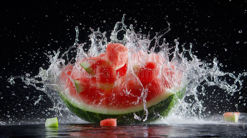 Watermelon Exploding at the Moment of Impact, Set Against a Stark Black ...