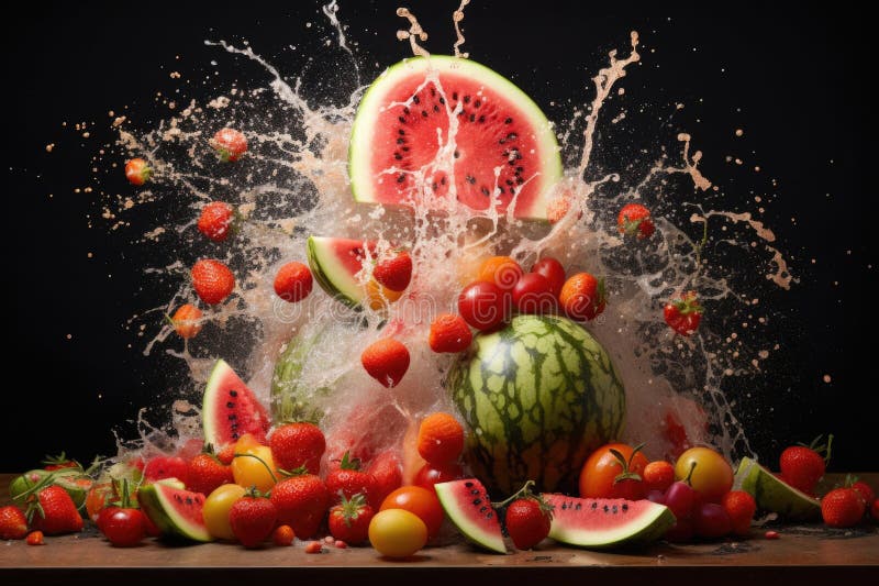 Watermelon Exploding from Pressure, Surrounded by Other Summer Fruits ...