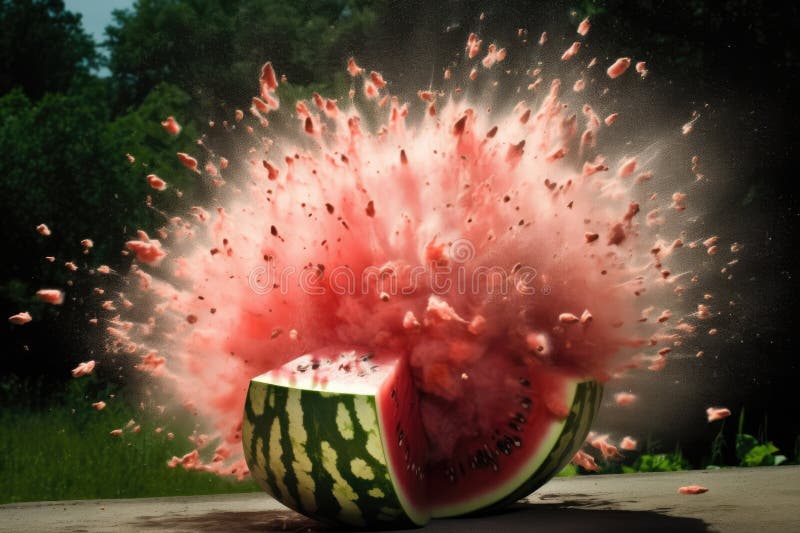 Watermelon Exploding on Table in Garden Created Using Generative Ai ...