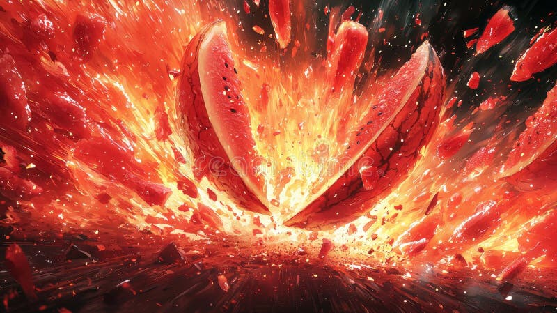 Watermelon Exploding into a Fiery Explosion with Chunks of Fruit Flying ...