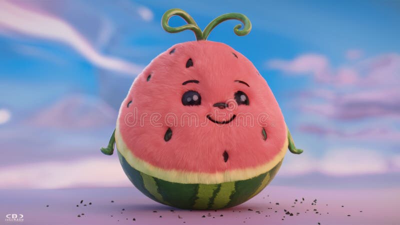 A Watermelon with a Face and Eyes is Sitting on the Ground, AI Stock ...