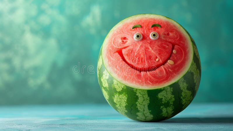 A Watermelon with a Face Painted on it is Sitting in Front of the Table ...