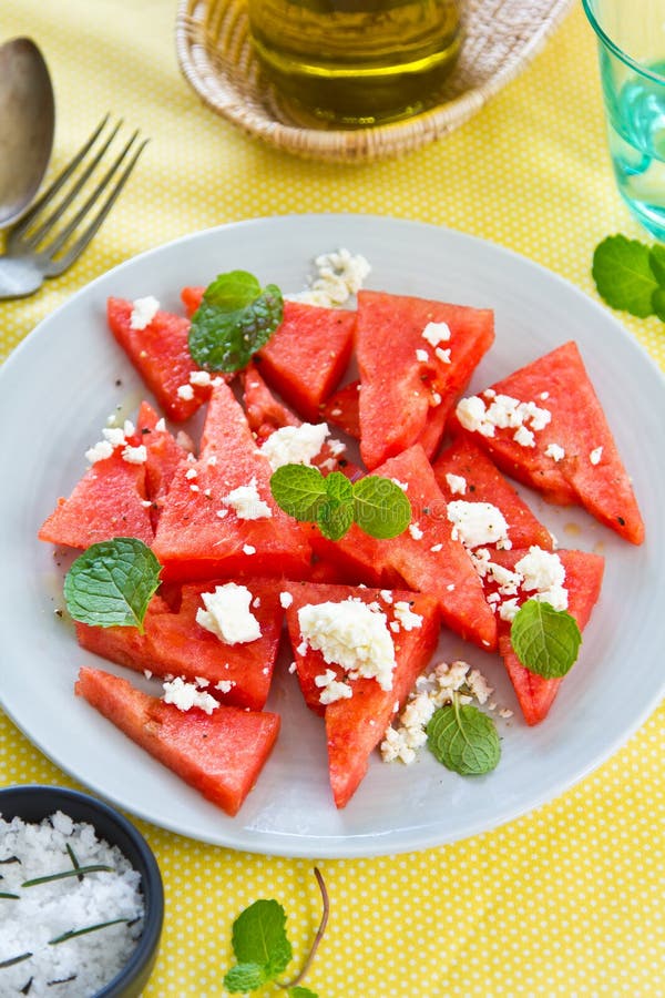 Watermelon with Feta Cheese Salad Stock Image - Image of cuisine, fruit ...