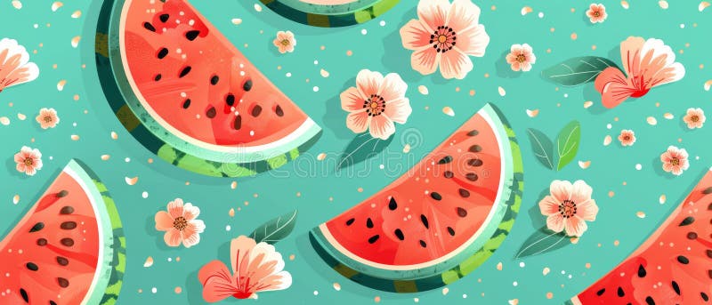 Watermelon and Flower Summer Pattern Stock Illustration - Illustration ...