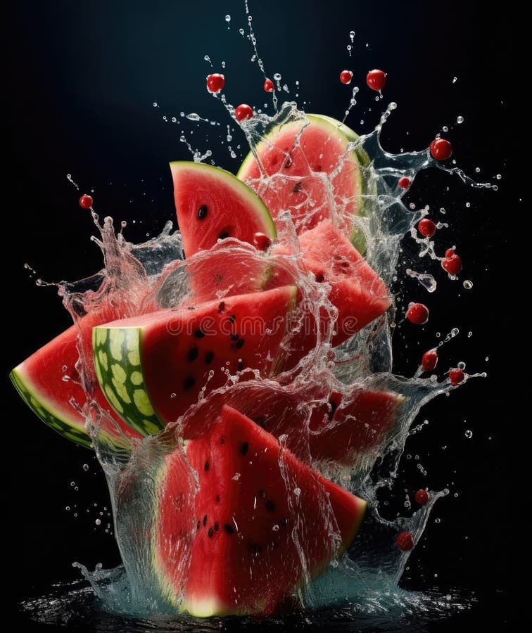 Watermelon Fruits Falling into the Water, Splashing Stock Photo - Image ...