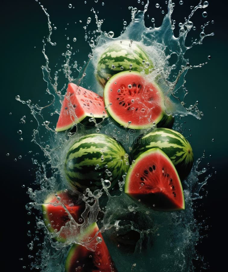 Watermelon Fruits Falling into the Water, Splashing Stock Image - Image ...