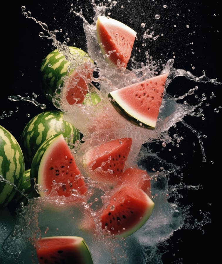 Watermelon Fruits Falling into the Water, Splashing Stock Image - Image ...