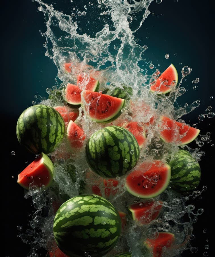 Watermelon Fruits Falling into the Water, Splashing Stock Image - Image ...