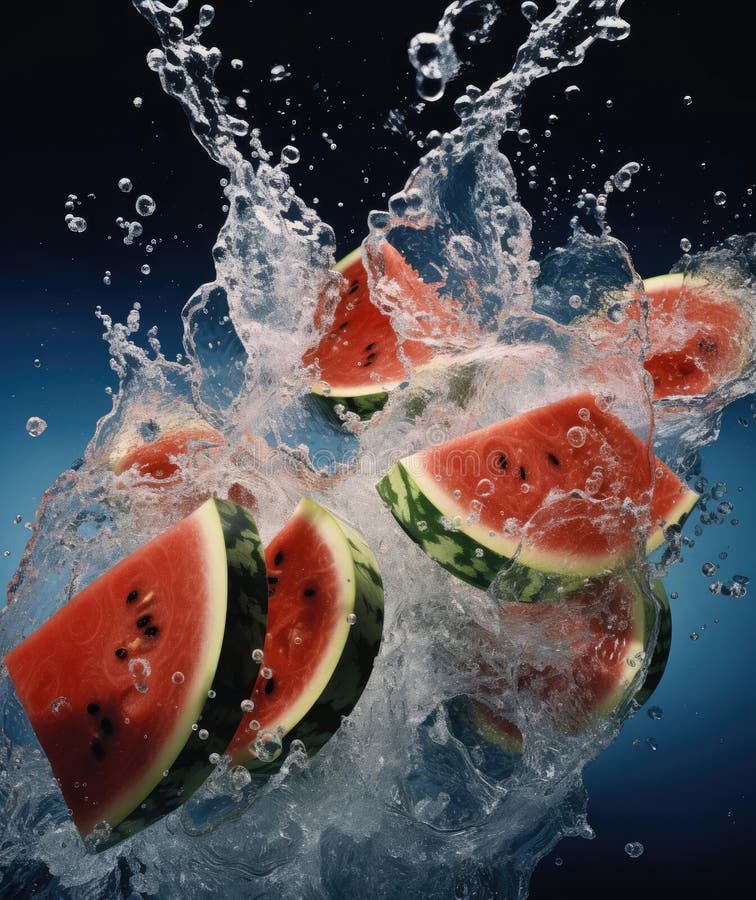 Watermelon Fruits Falling into the Water, Splashing Stock Image - Image ...