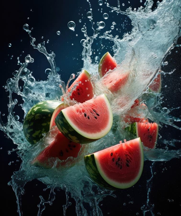 Watermelon Fruits Falling into the Water, Splashing Stock Photo - Image ...