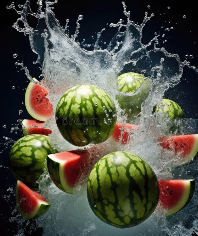 Watermelon Fruits Falling into the Water, Splashing Stock Photo - Image ...