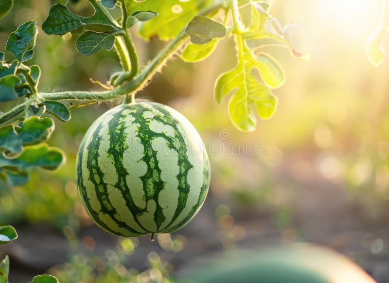 Watermelon Grows on a Tree in the Harvest Garden on Everning Sun Flare ...