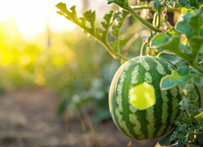Watermelon Grows on a Tree in the Harvest Garden on Everning Sun Flare ...