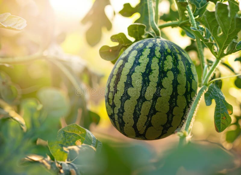 Watermelon Grows on a Tree in the Harvest Garden on Everning Sun Flare ...