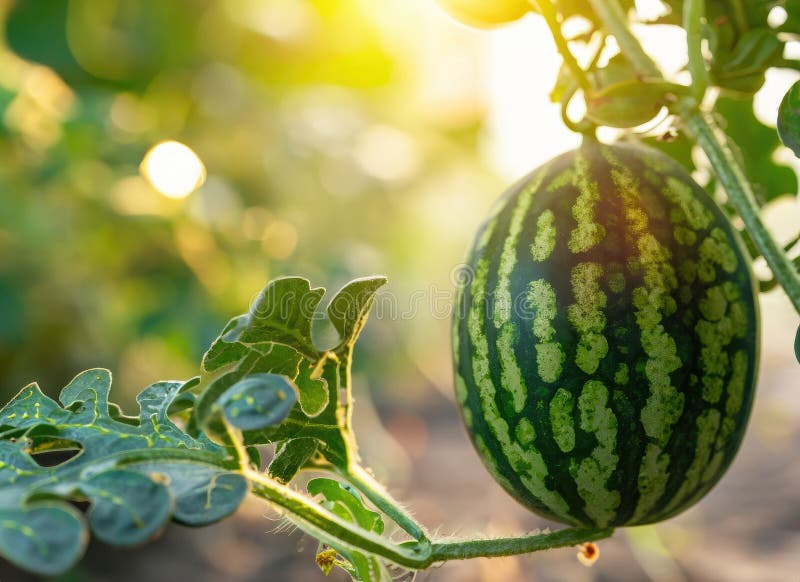 Watermelon Grows on a Tree in the Harvest Garden on Everning Sun Flare ...