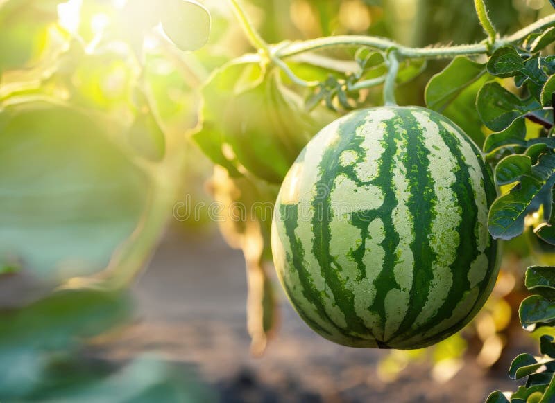 Watermelon Grows on a Tree in the Harvest Garden on Everning Sun Flare ...