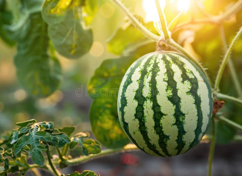 Watermelon Grows on a Tree in the Harvest Garden on Everning Sun Flare ...