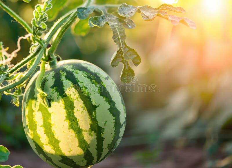 Watermelon Grows on a Tree in the Harvest Garden on Everning Sun Flare ...