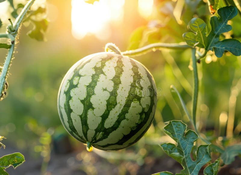 Watermelon Grows on a Tree in the Harvest Garden on Everning Sun Flare ...