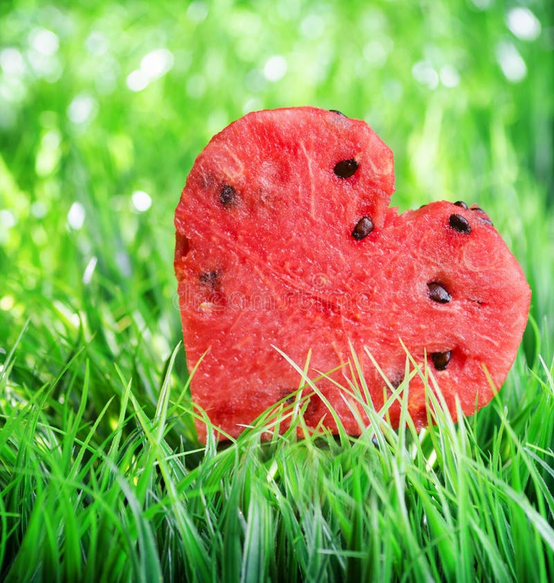 Watermelon Heart on Green Grass. Valentine Concept Stock Photo - Image ...