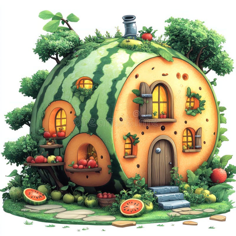 Watermelon House Illustration - a Whimsical House Made of a Watermelon ...