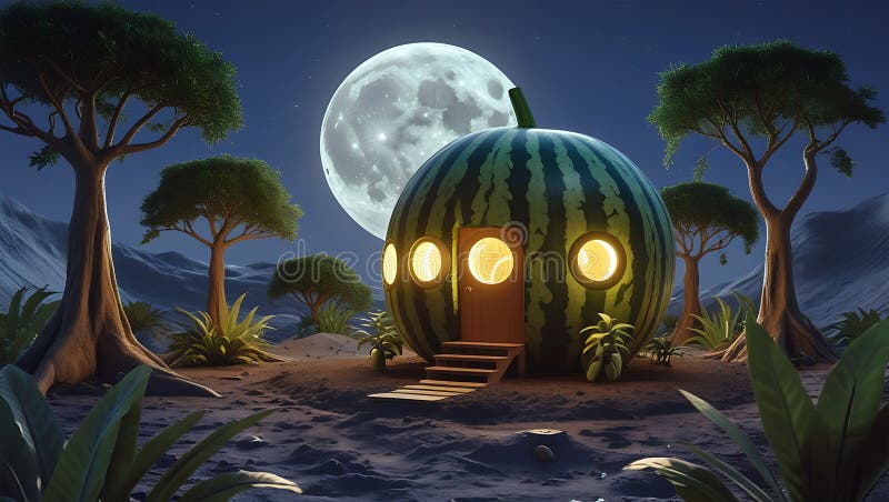 A Watermelon House Under a Full Moon in a Fantasy Landscape Stock ...