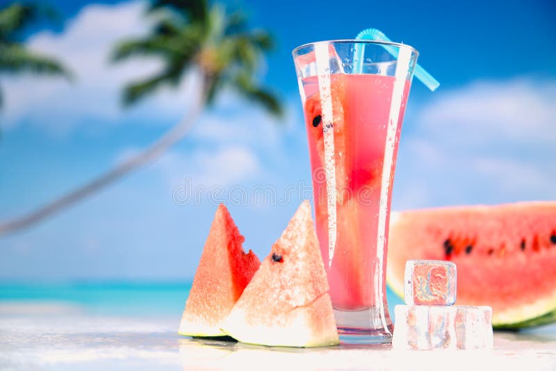 Watermelon Ice Cold Drink on a Beach with Palms Stock Image - Image of ...
