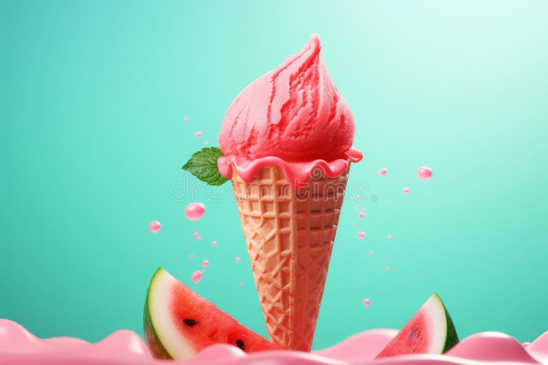 Watermelon Ice Cream In A Waffle Cone A Sweet Refreshing Summer Dessert Stock Image Image Of