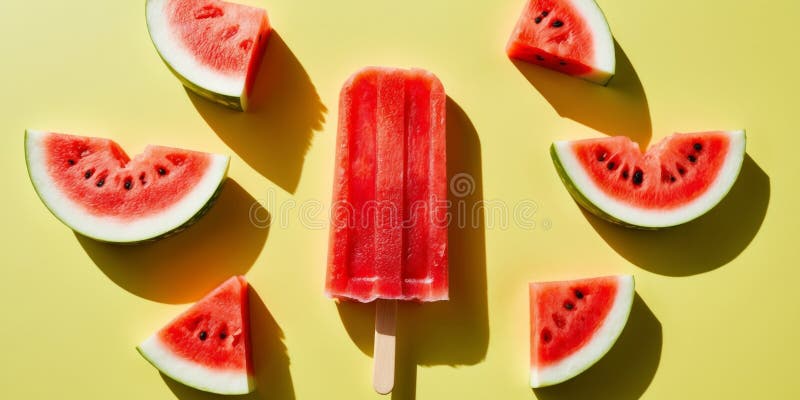 Watermelon Ice Pop Surrounded by Watermelon Slices on Yellow Background ...