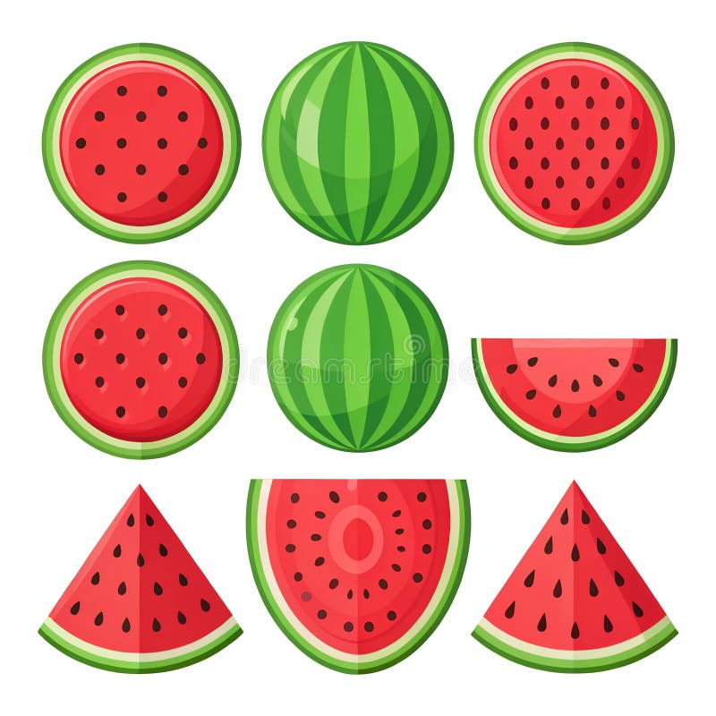 Watermelon Icon Set in Flat Vector Style Stock Illustration ...