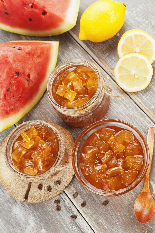Watermelon jam with lemon stock photo. Image of glass - 78070370